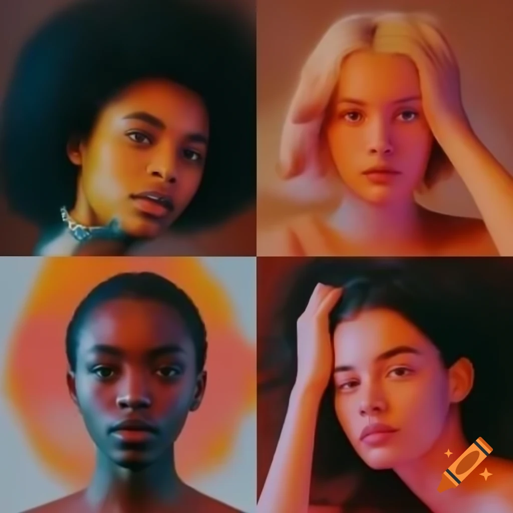 Photorealistic vibrant collage of young European female figures ...