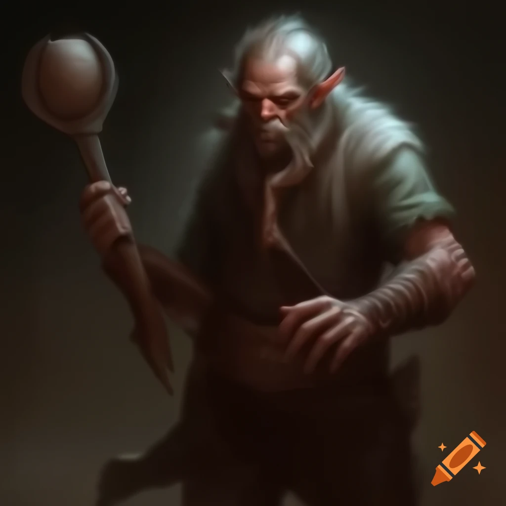 DnD character of emaciated man wielding giant spoon in grotesque ...