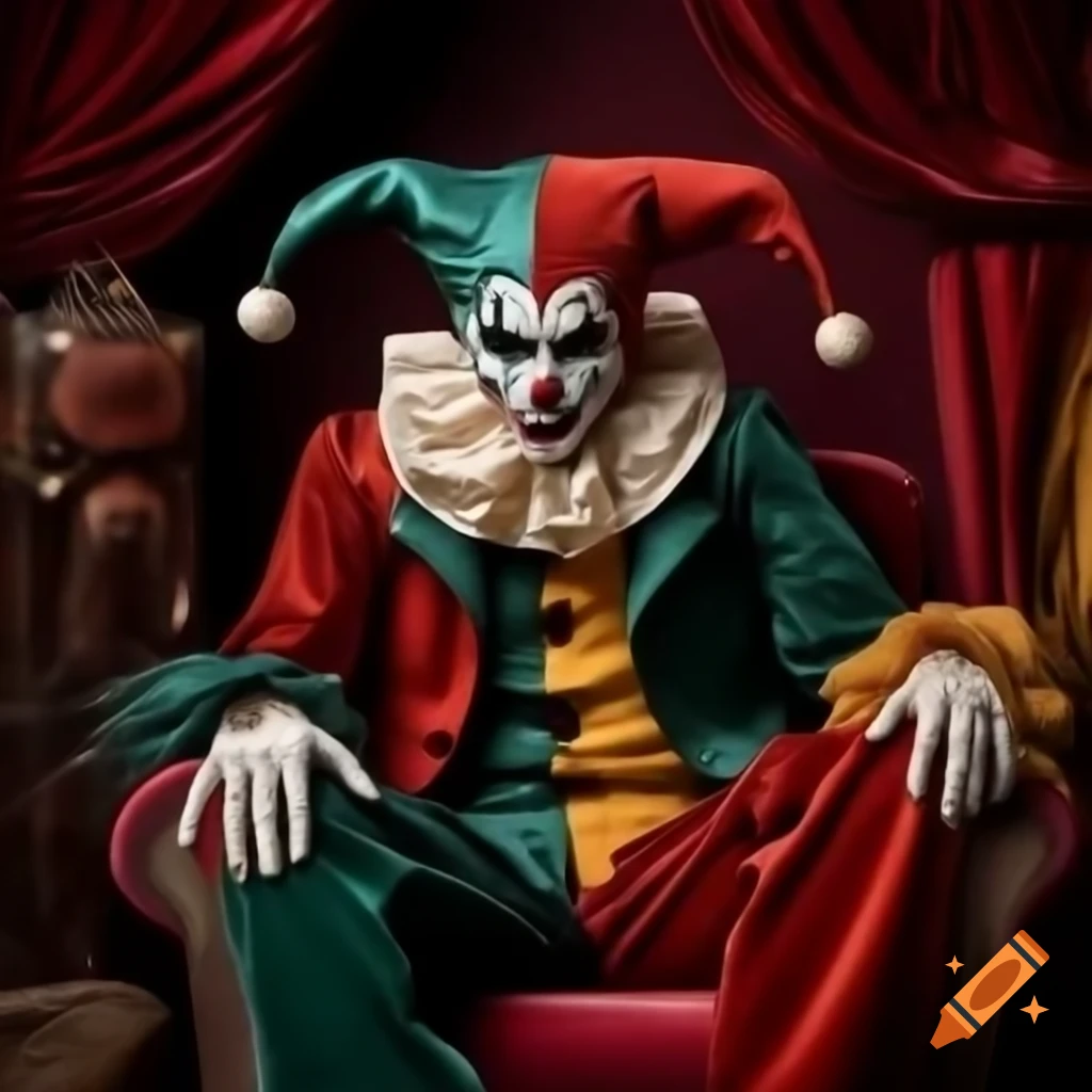 Old-fashioned jester outfit in deep red velvet and ruffled collar ...