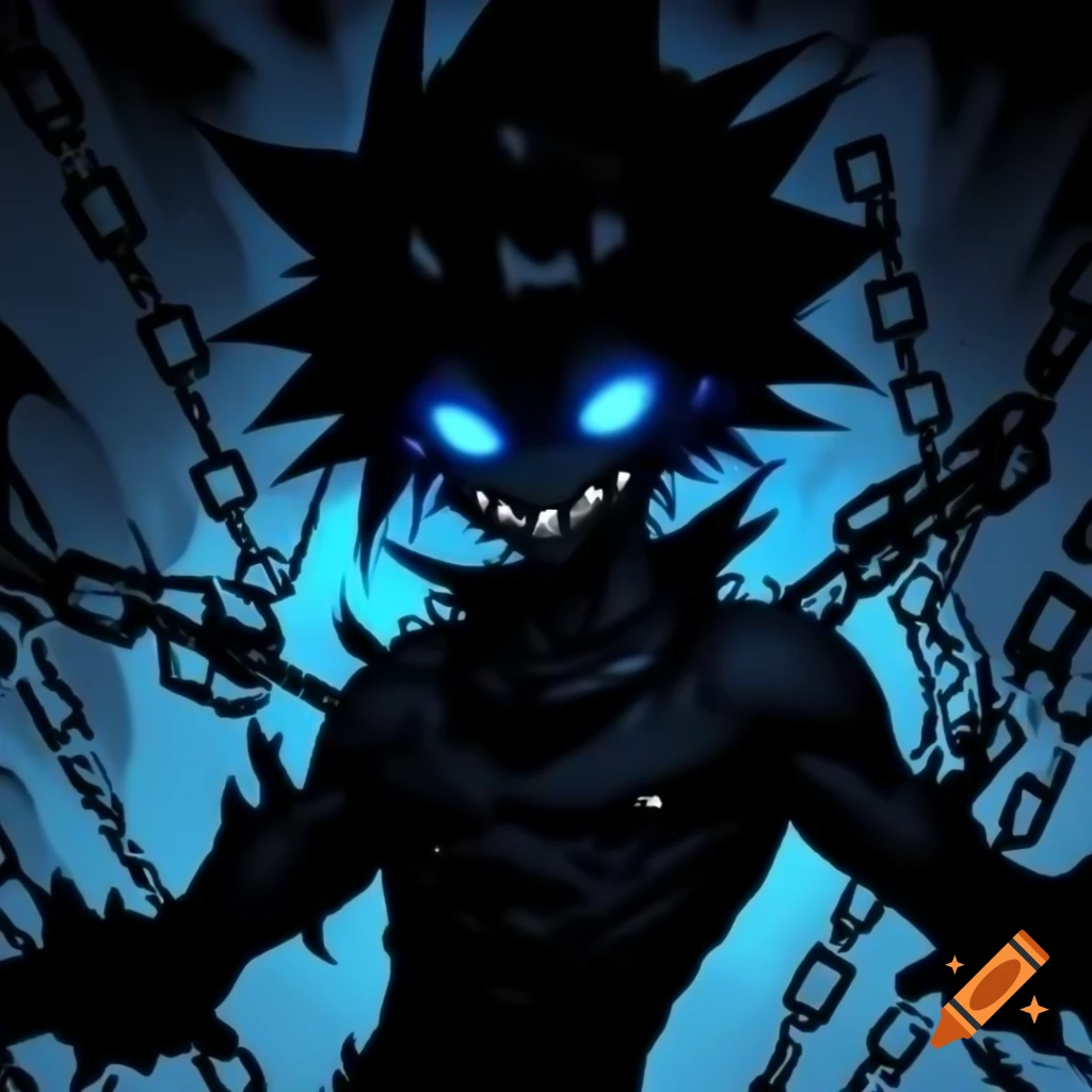 Demonic anime character in shadow with glowing blue eyes and chains on ...