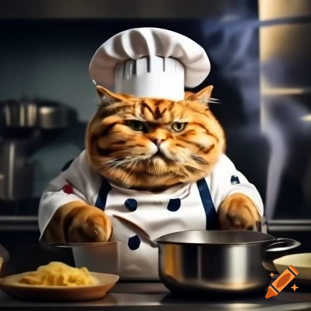 Fat cat in chef hat cooking pasta in professional kitchen with steam on ...