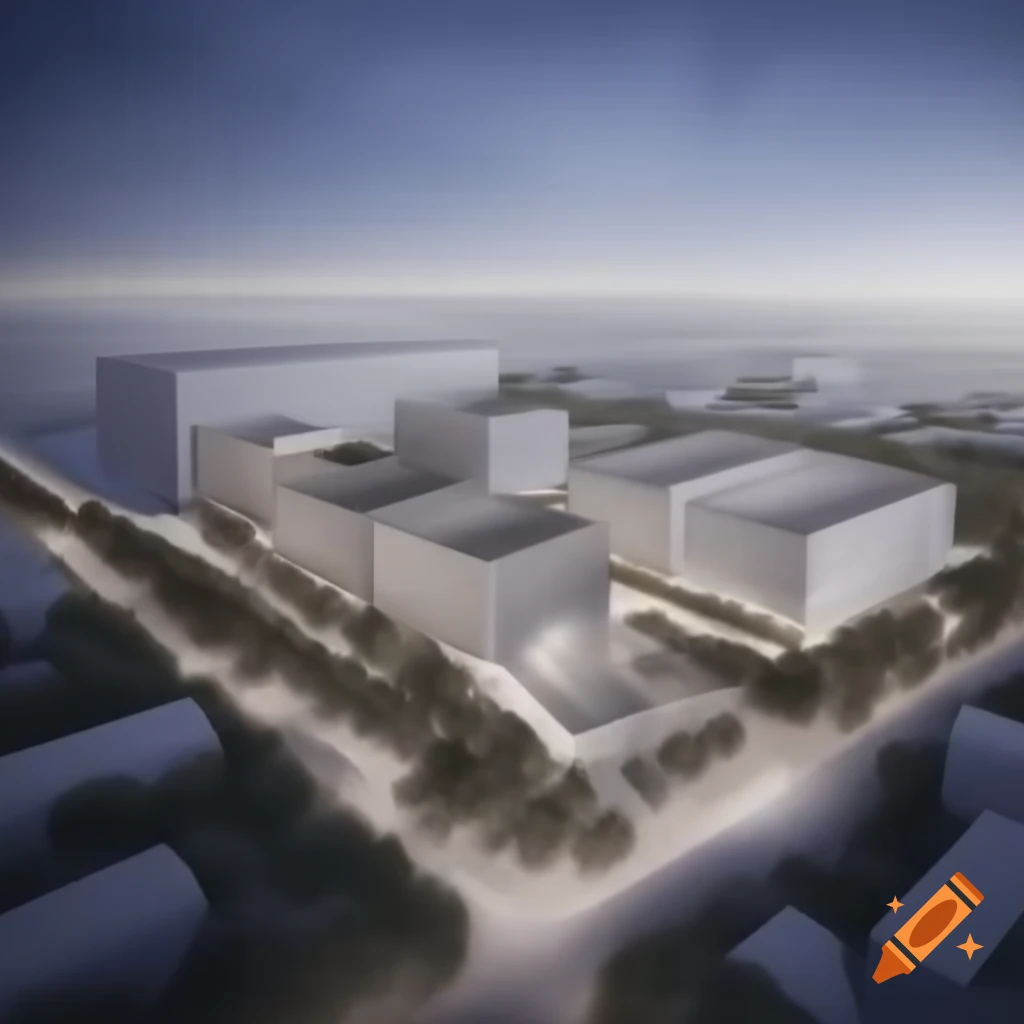 Abstract conceptual rendering of a three-story building with ...