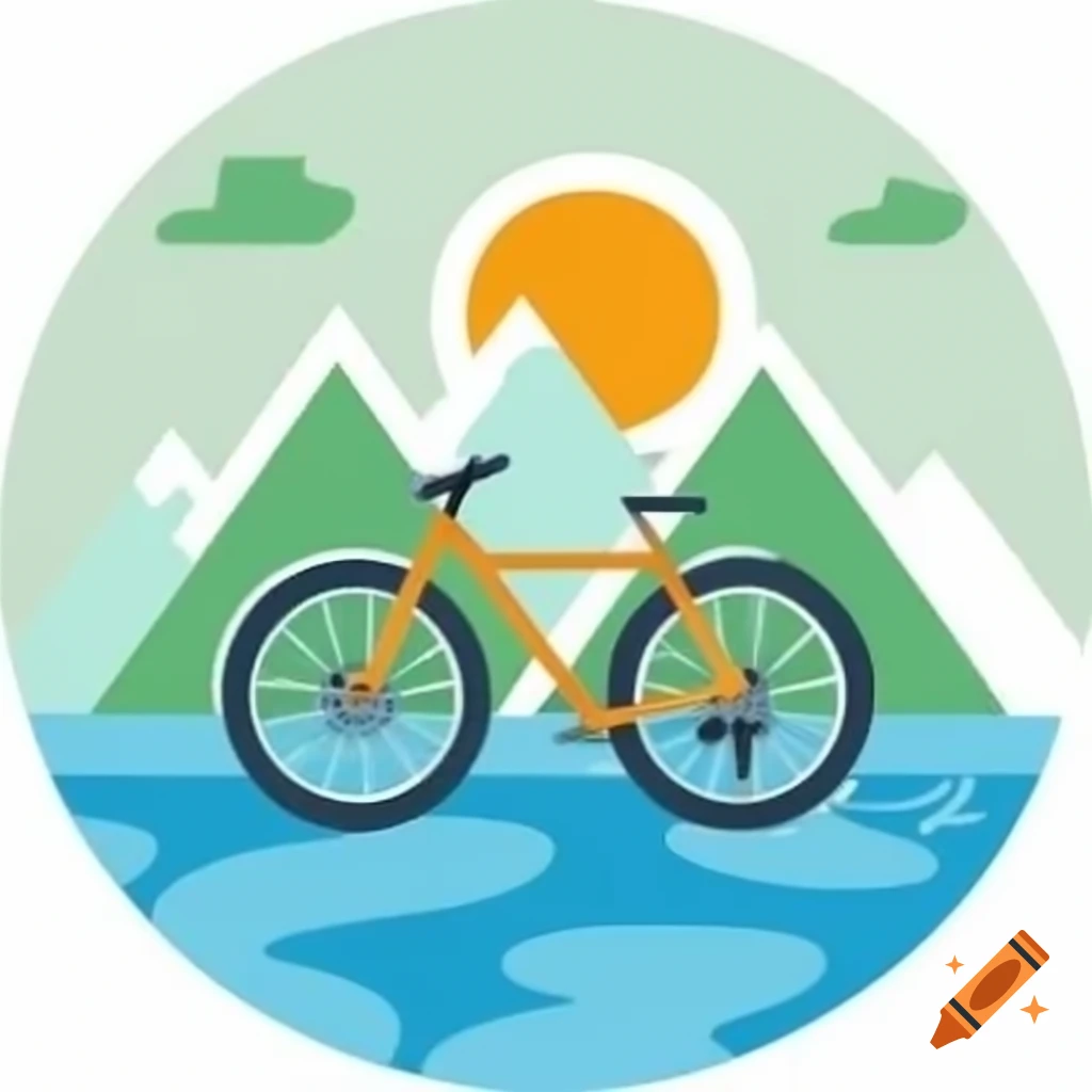 Bike to Nature logo featuring sea, mountains, trees, and sun on Craiyon