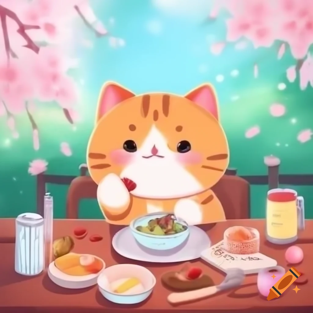 Cute cat eating lunch outdoors with cherry blossoms on Craiyon