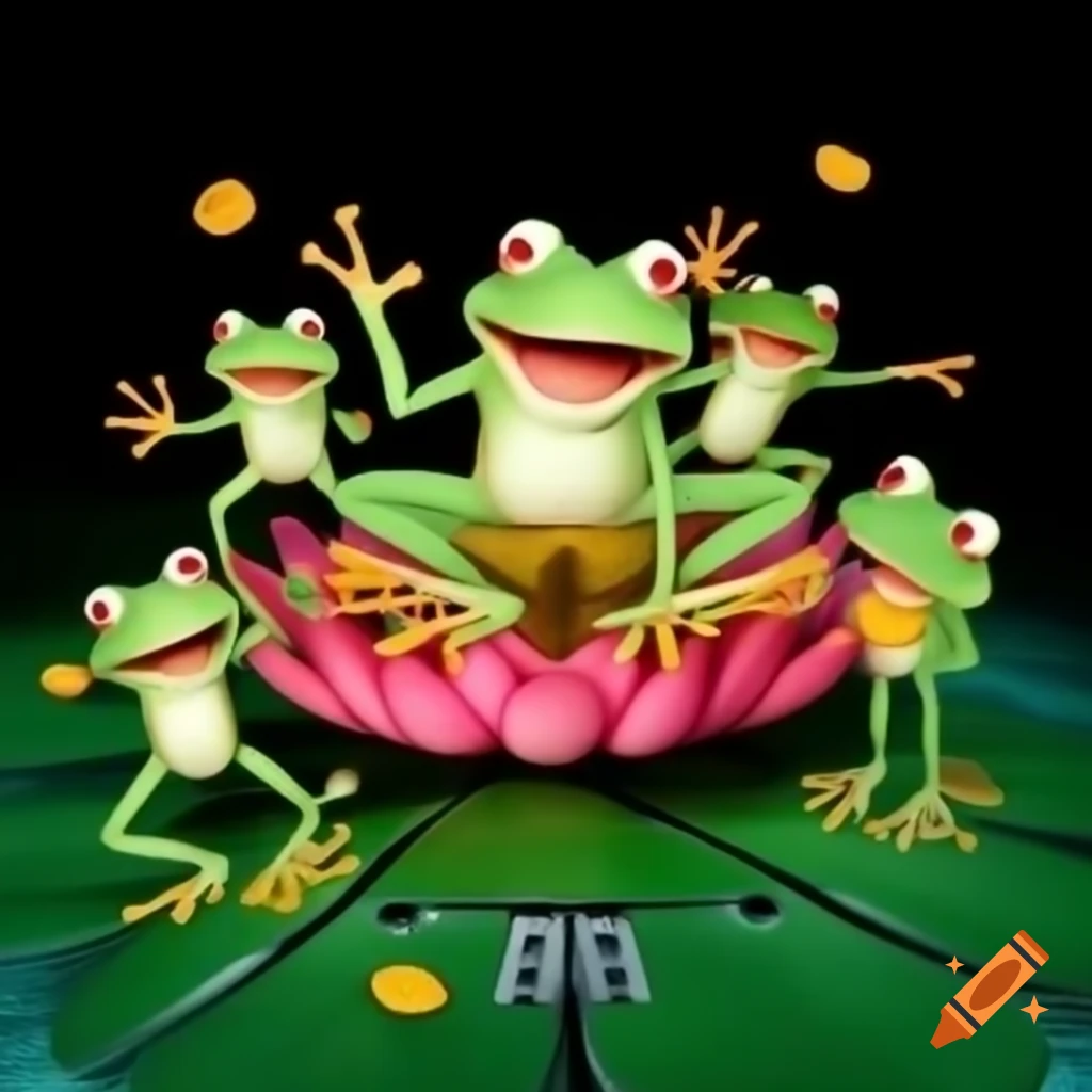 Group of frogs dancing on lilypad in front of DJ on Craiyon