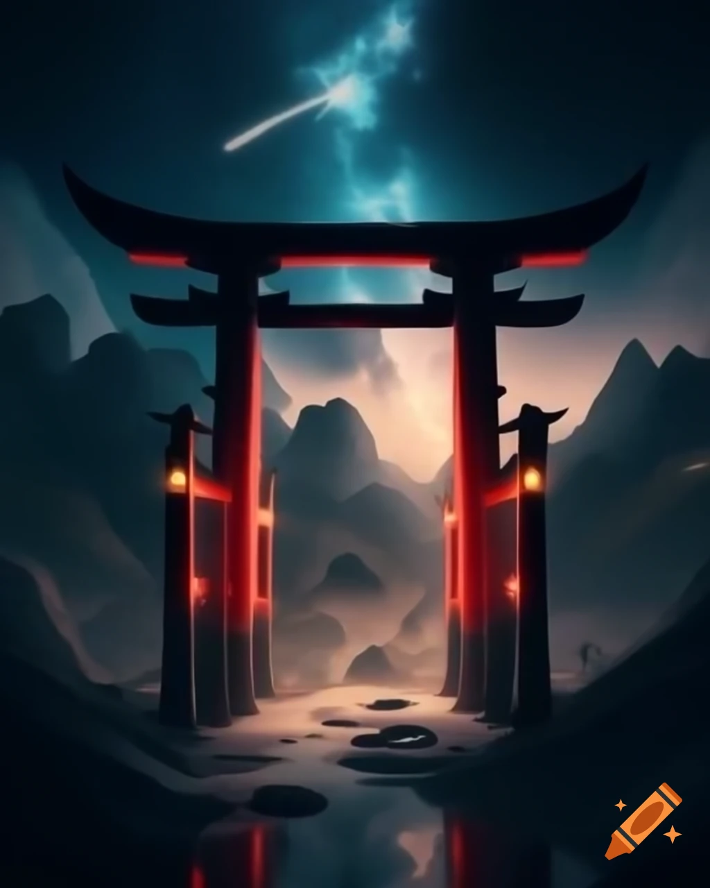 Torii gate representing royalty and travel, emphasizing unique lore on Craiyon