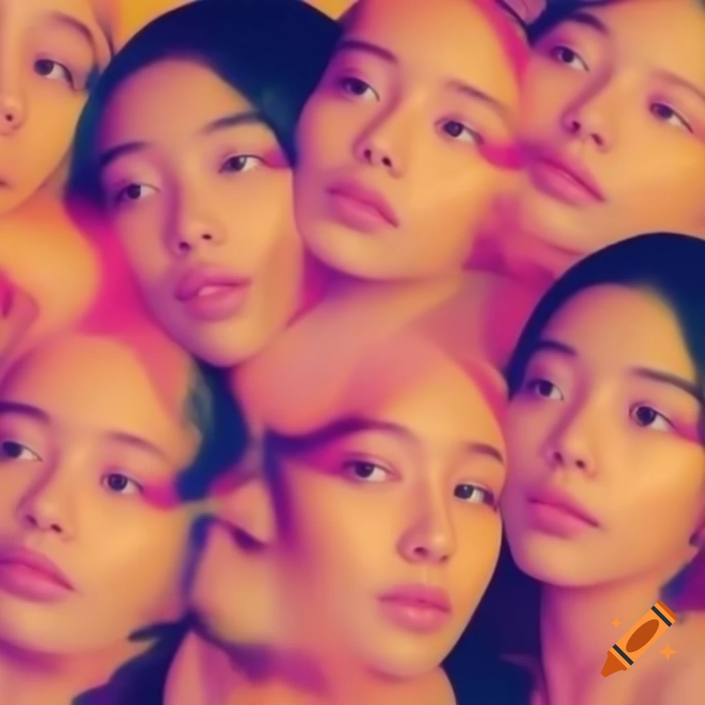 Photorealistic vibrant collage of young European females with smooth ...