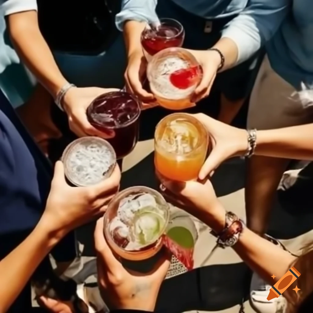 Cheers with mixed drinks on outdoor patio, arms visible on Craiyon