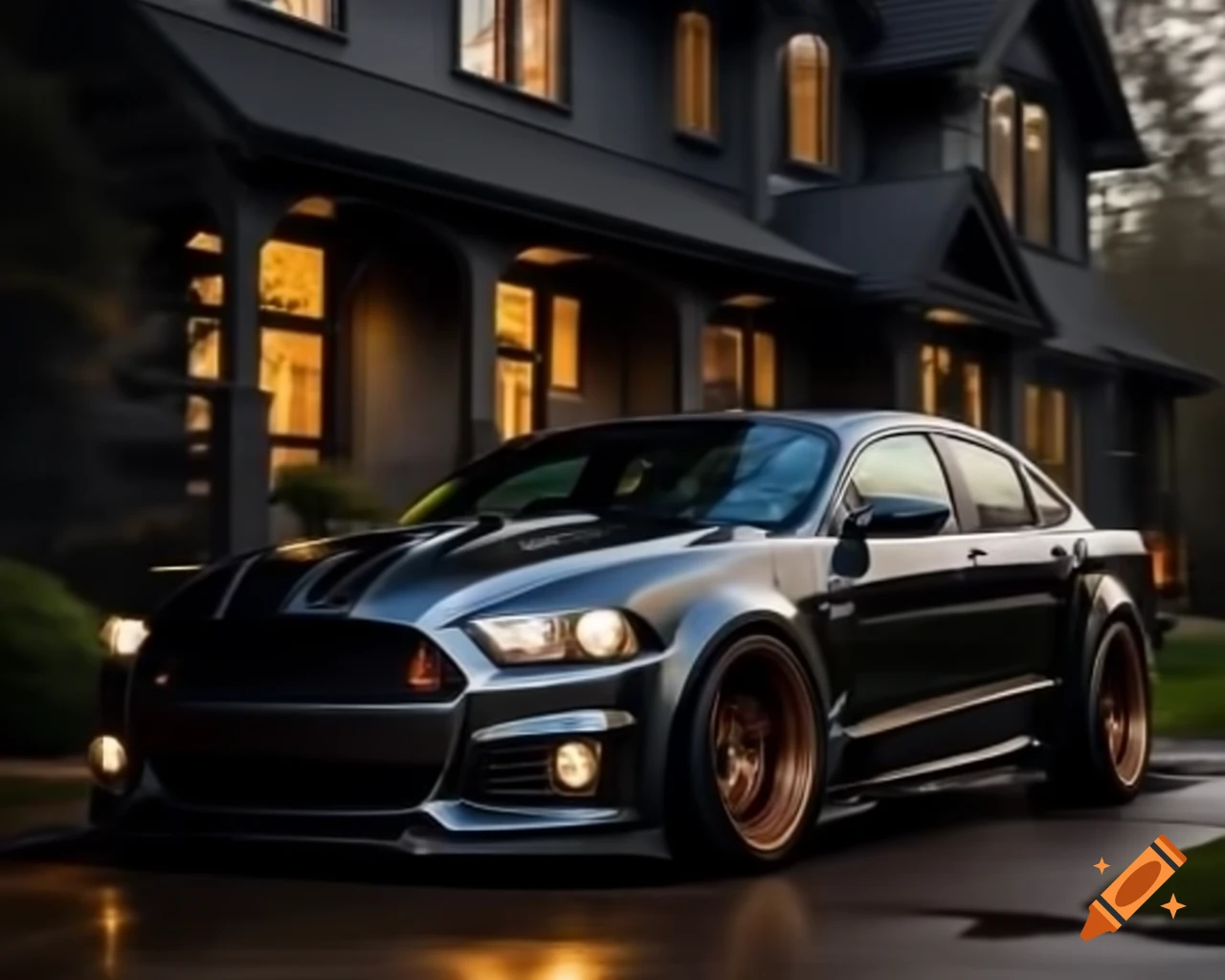 Realistic Ford car in front of dark house, high quality 4k HDR on Craiyon
