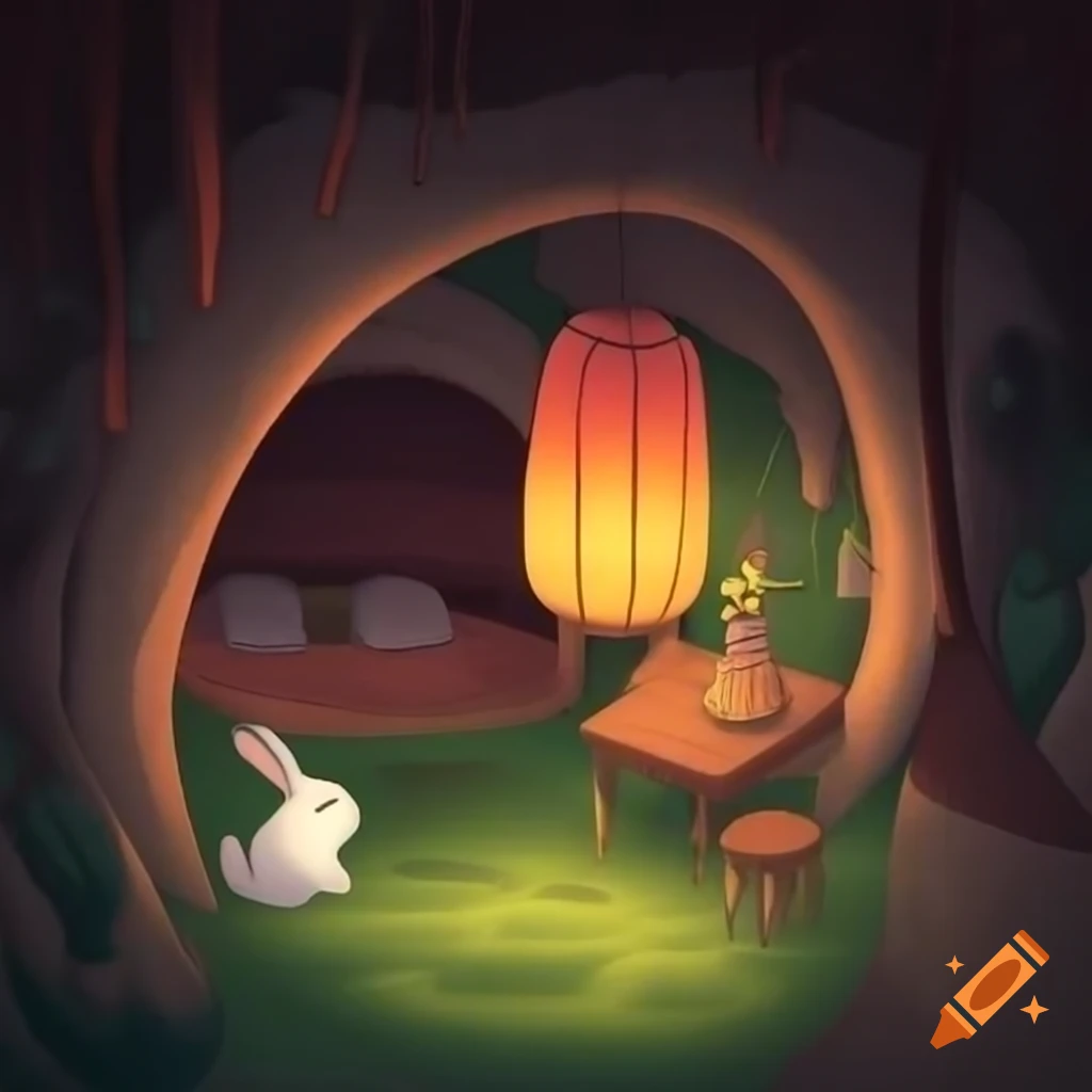 Cozy underground rabbit warren with earthen walls and wooden furniture ...
