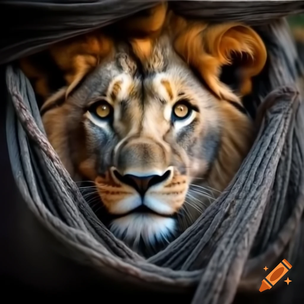 Lion trapped in a net, rescued by a mouse on Craiyon