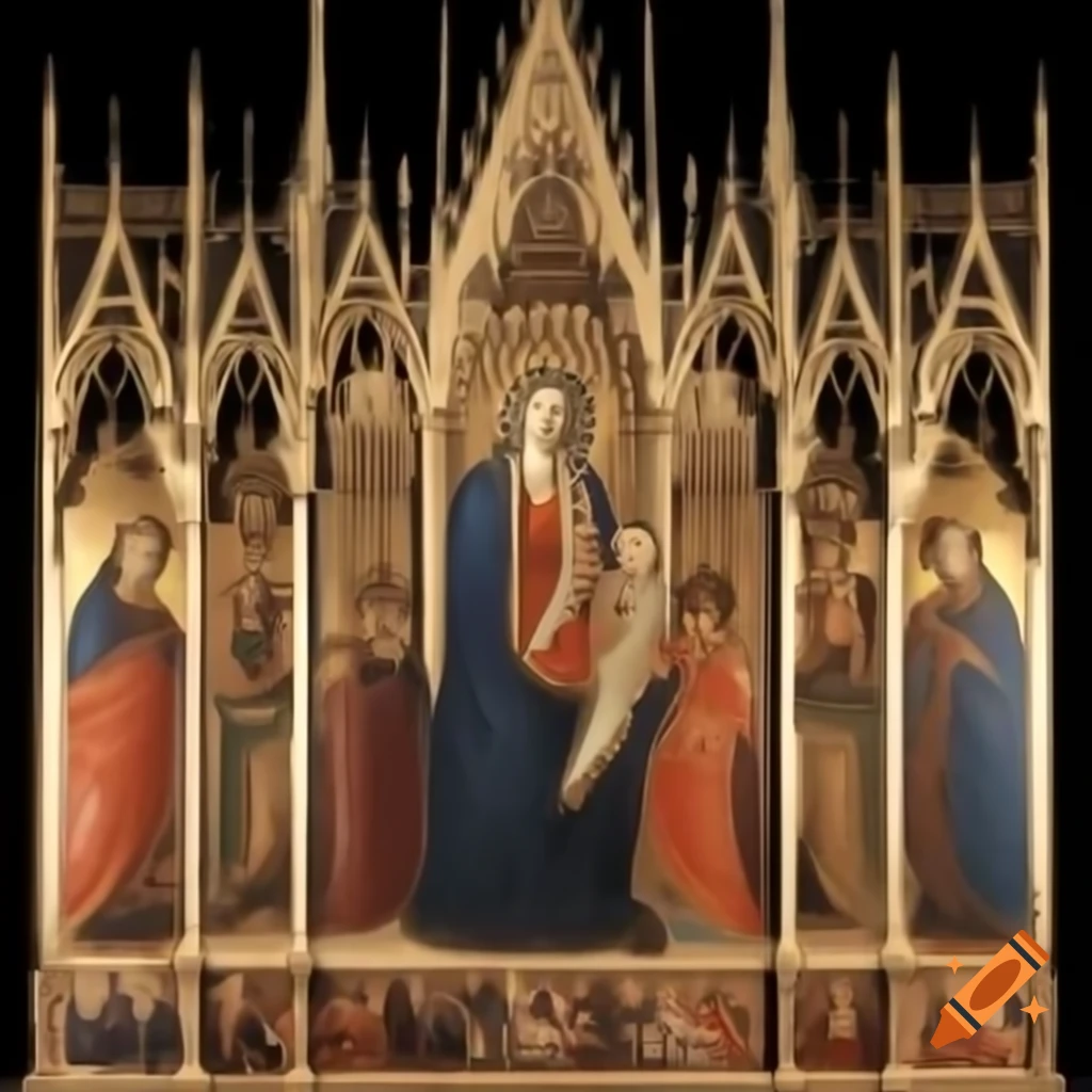 Gothic fresco of Virgin Mary with shining figures and rich colors on ...