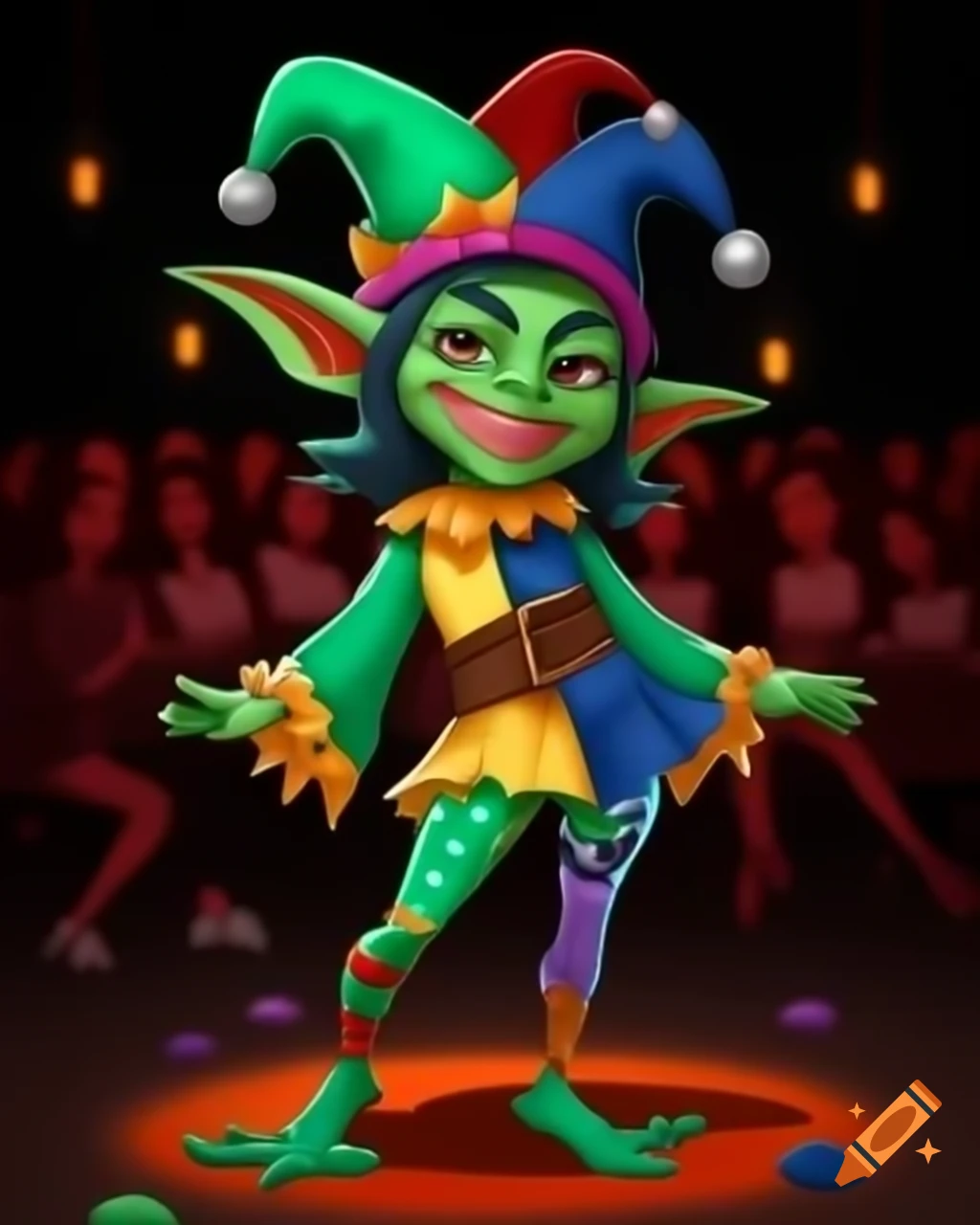 Green-skinned goblin girl in colorful jester outfit dancing for audience on Craiyon