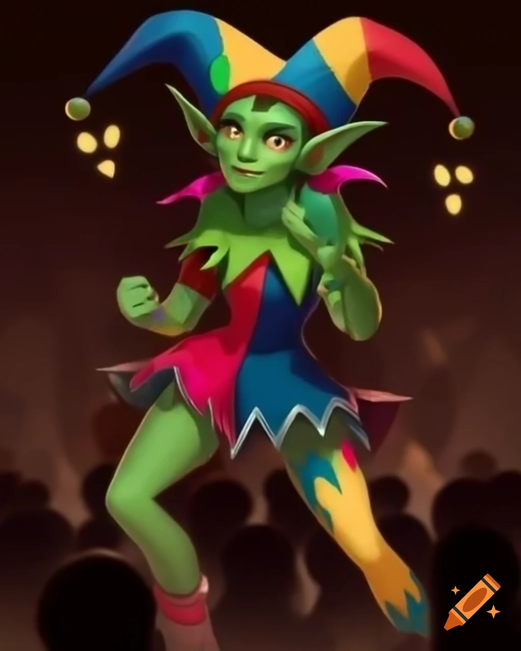 Green-skinned goblin girl in jester outfit dancing for audience, anime ...