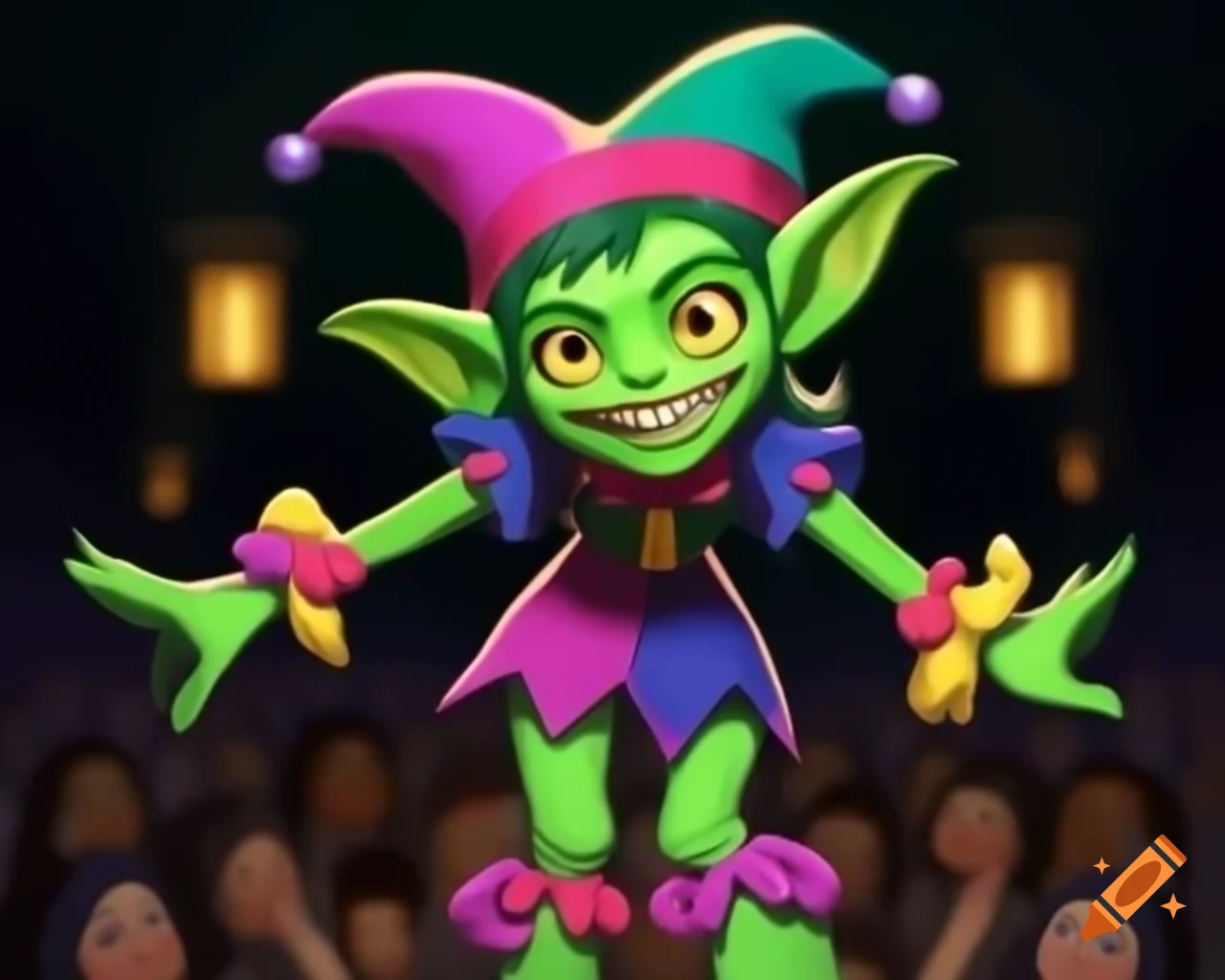 Green-skinned goblin girl in jester outfit dancing for audience in ...