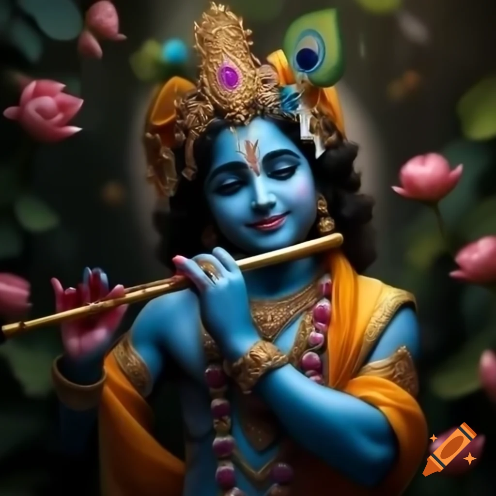 Hyper-realistic portrayal of Lord Krishna with dark blue complexion and ...