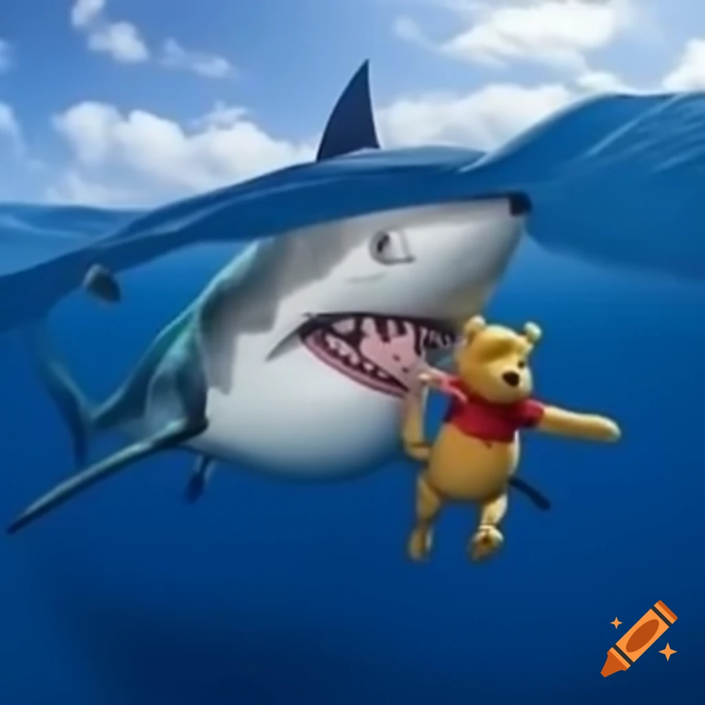 Winnie the Pooh encountering a mako shark on Craiyon