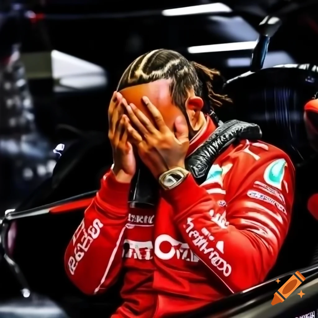F1 driver in red suit with emotional expression in cockpit on Craiyon