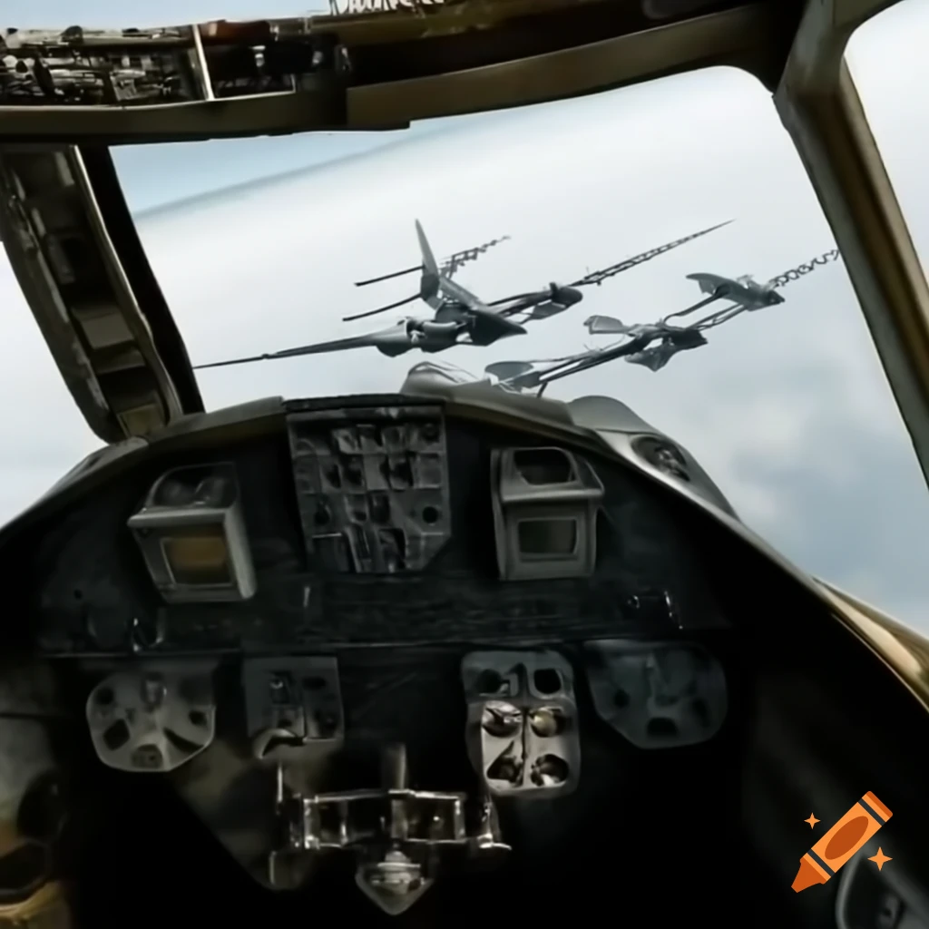 Cockpit view from WW2 bomber flying over train tracks on Craiyon