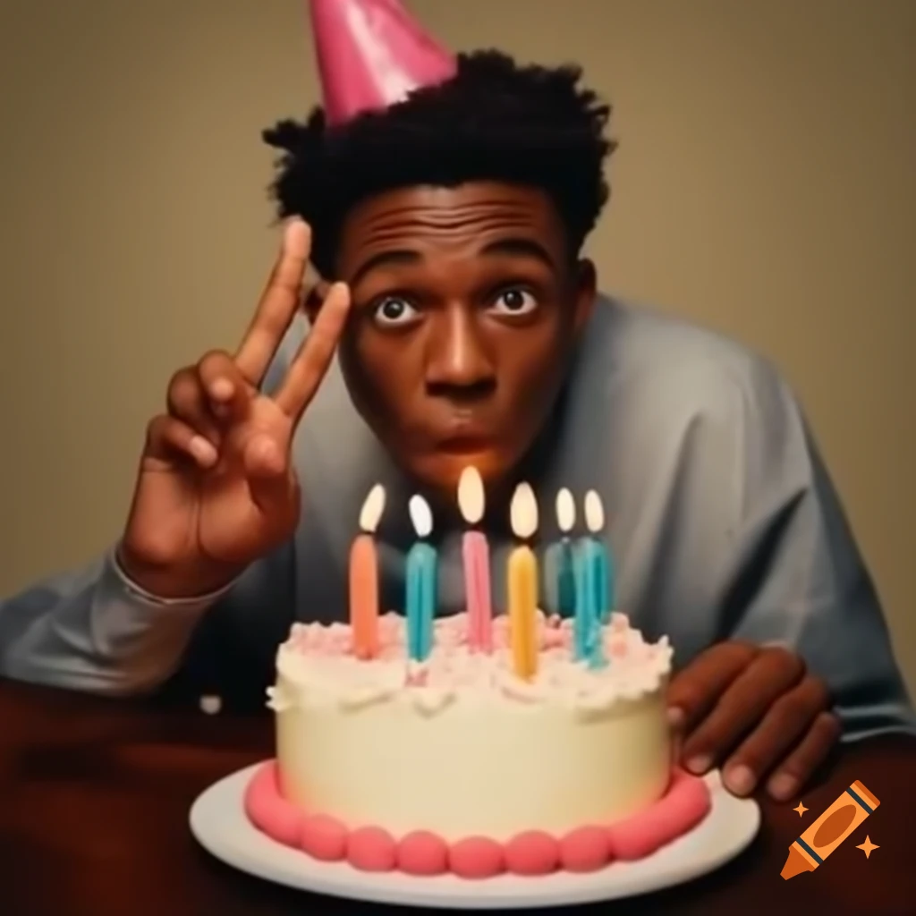 Individual holding a birthday cake with two fingers raised in ...