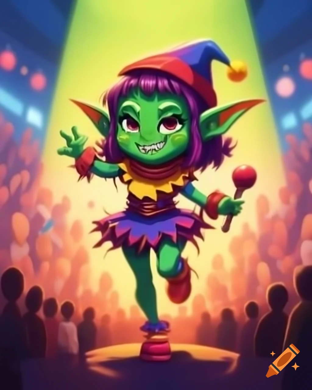 Green-skinned goblin girl in jester outfit dancing for audience, anime ...
