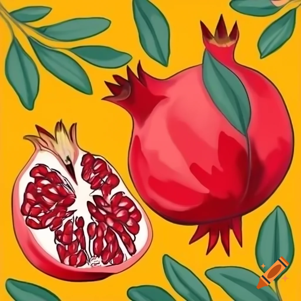 Botanical illustration of sliced open pomegranate fruit in Pandora ...