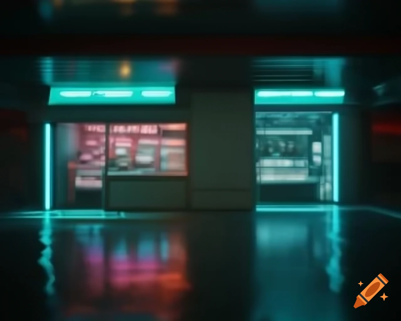 Cyberpunk convenience store window with colorful interior on Craiyon
