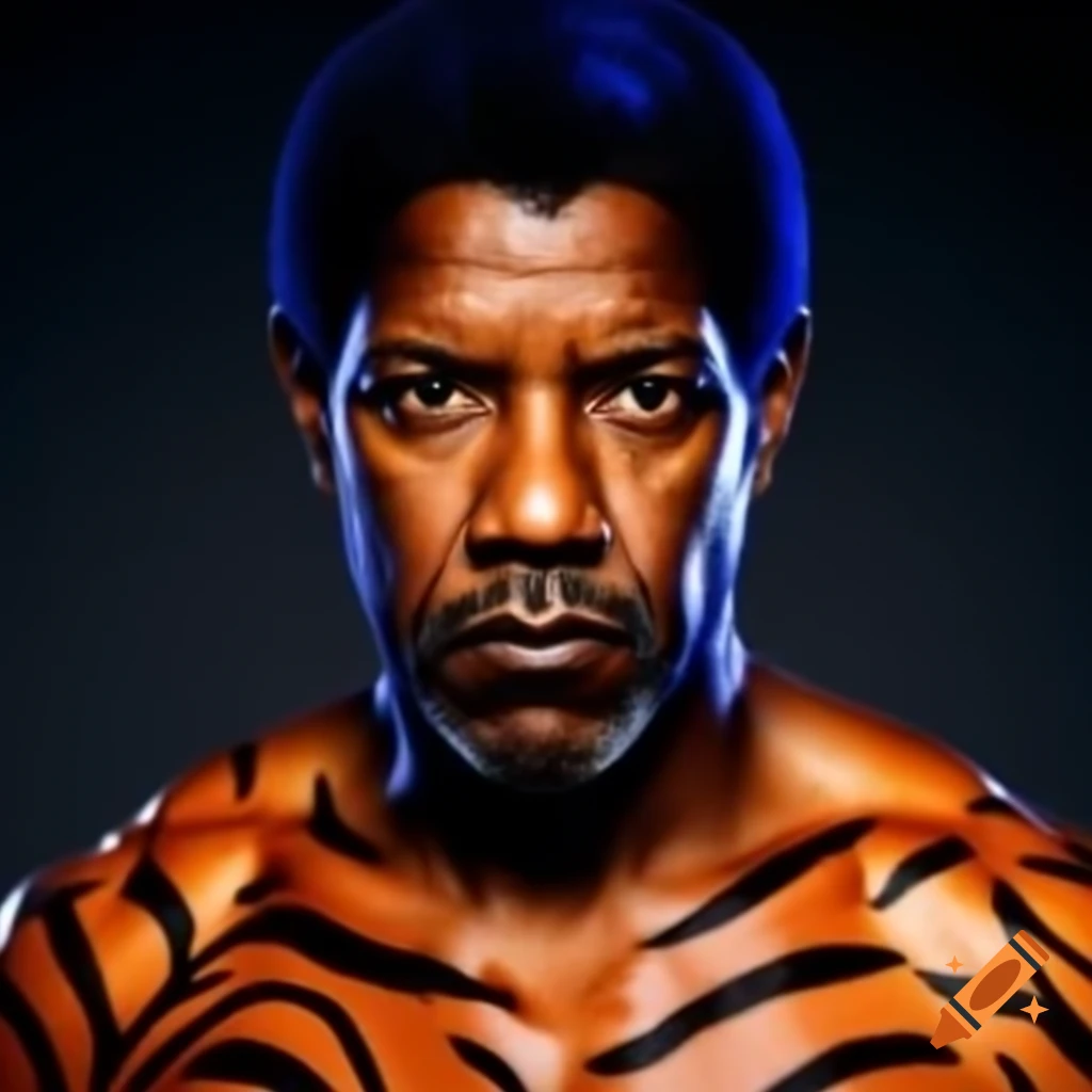 Muscular man with tiger-style makeup and blue hair on Craiyon