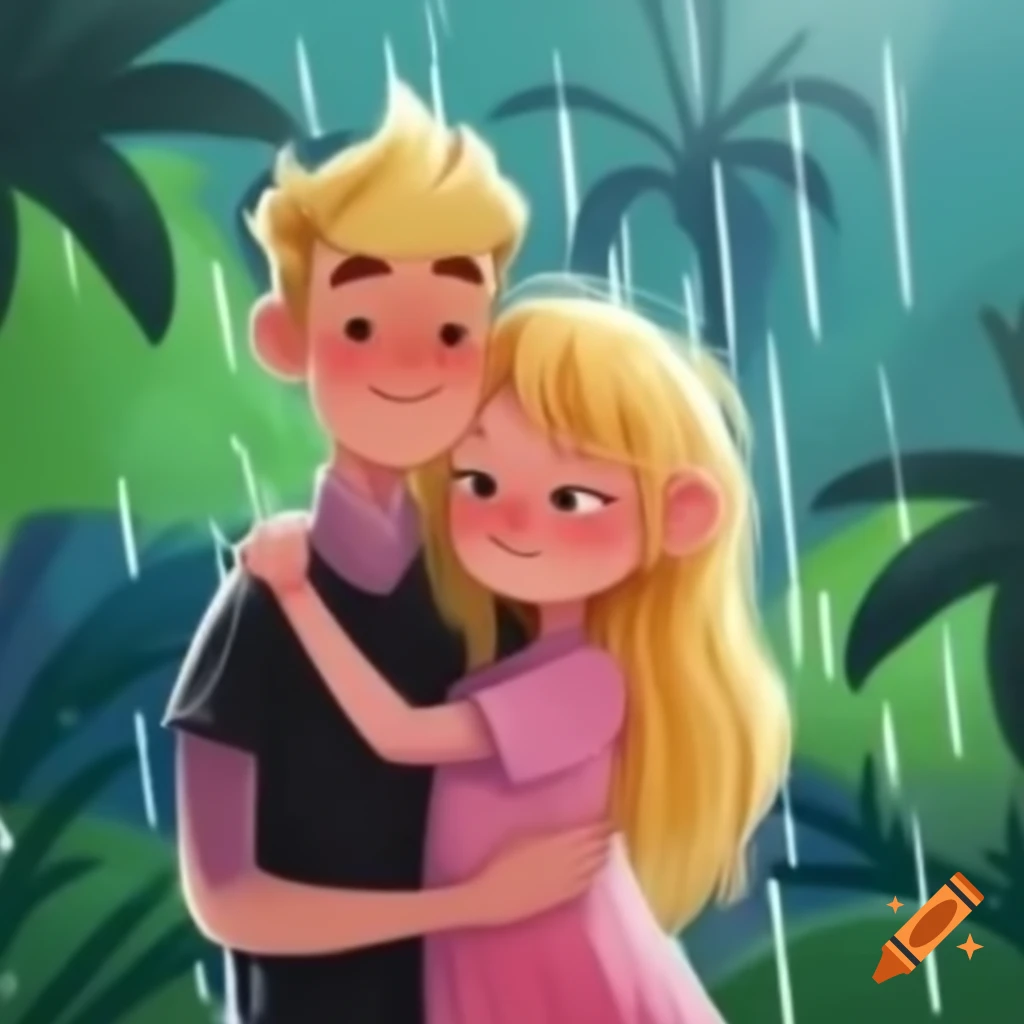 Couple hugging in heavy rain among palm trees, Pixar style, warm pastel ...