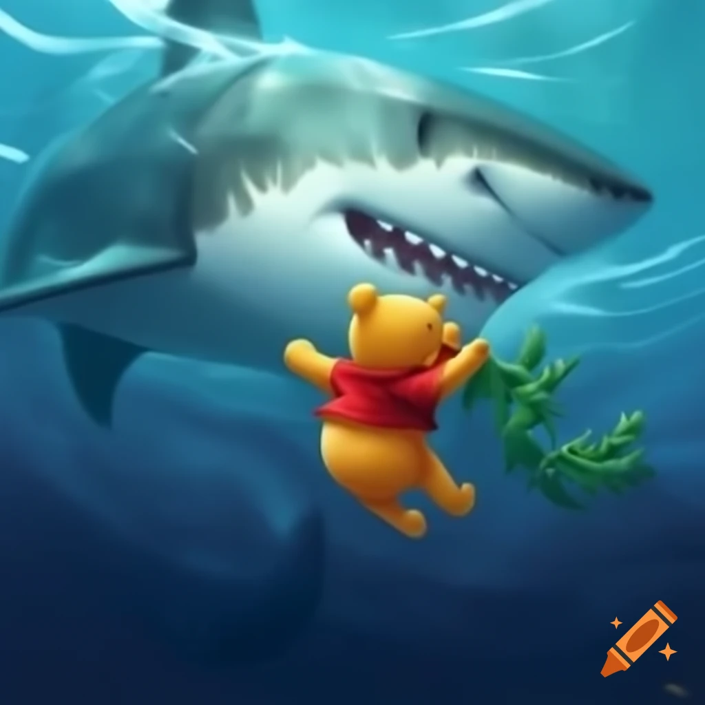 Winnie the Pooh encountering a mako shark on Craiyon