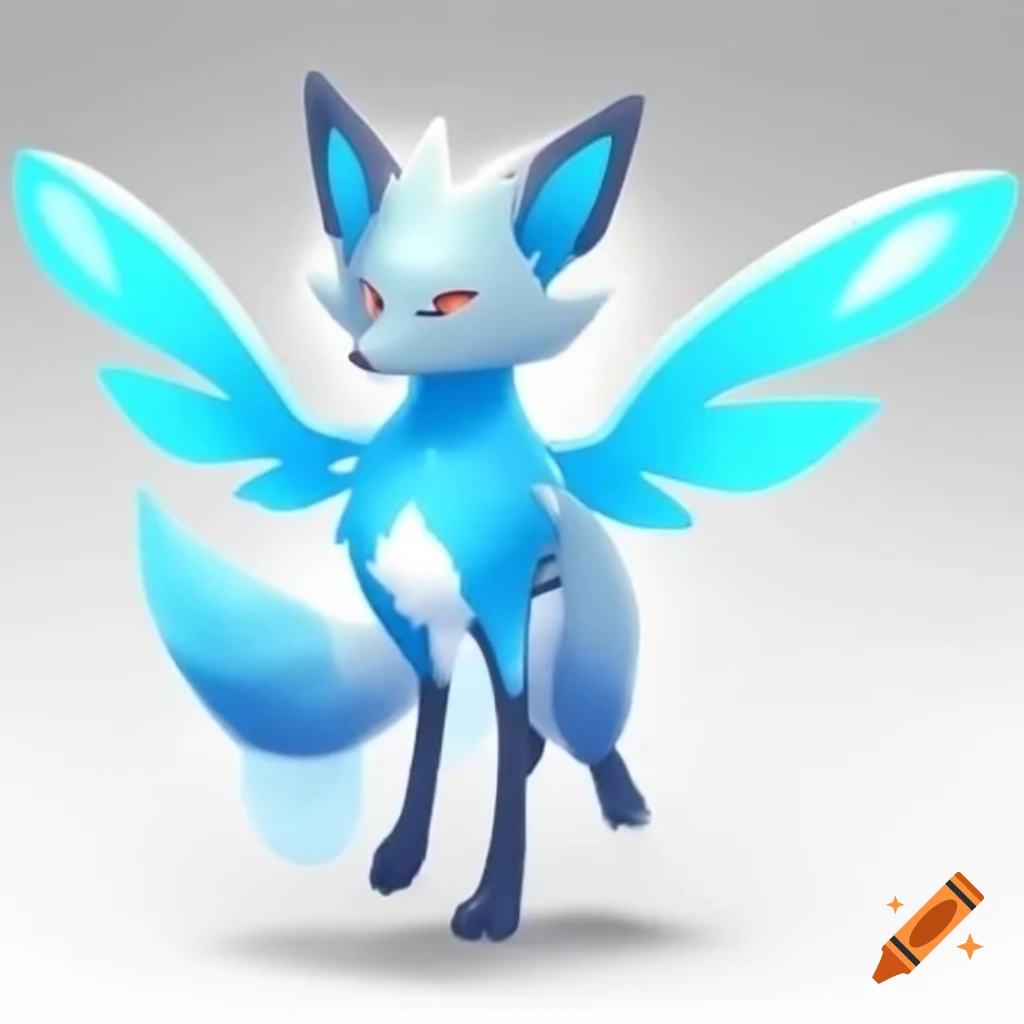 Pokémon-style water fox with crystal wings and blue body on Craiyon