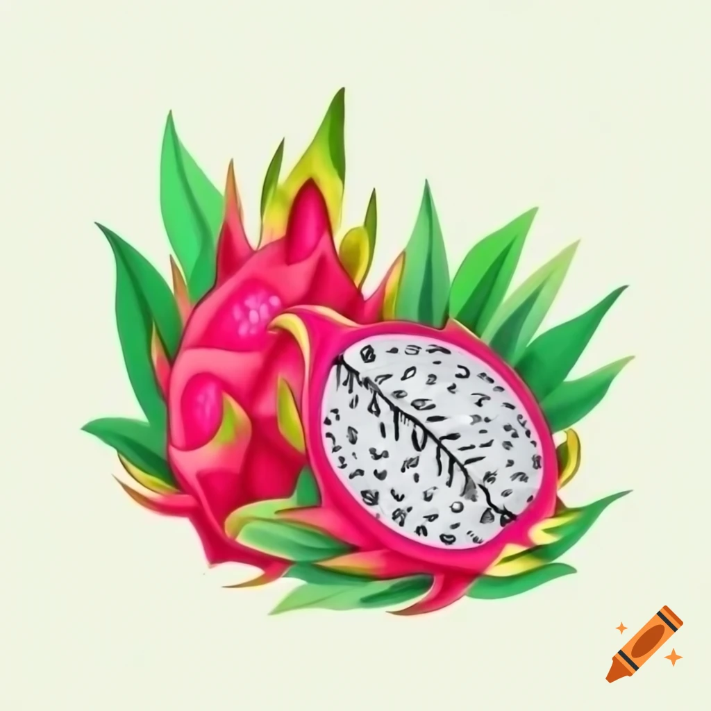 Hand drawn sketch of cut open dragon fruit with tropical leaves on Craiyon