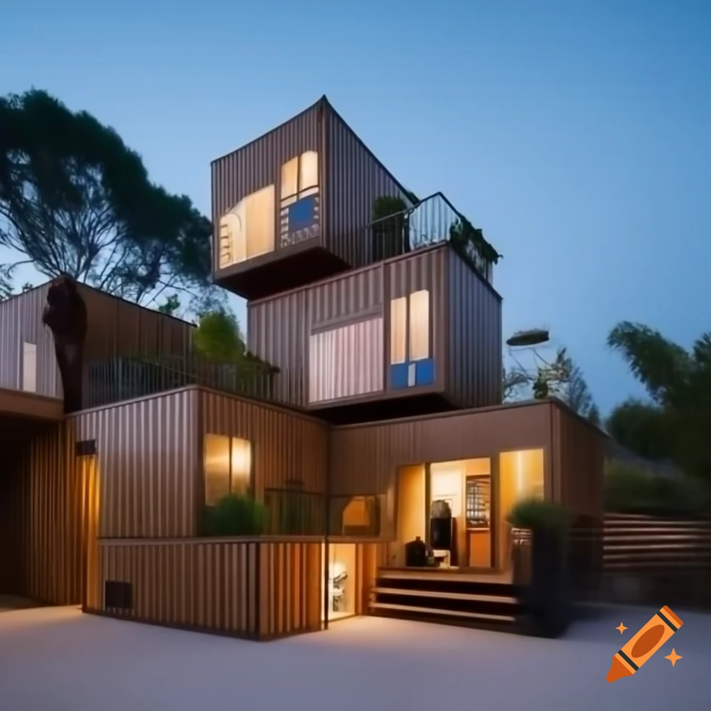 Stacked shipping containers with green roofs and seating area ...