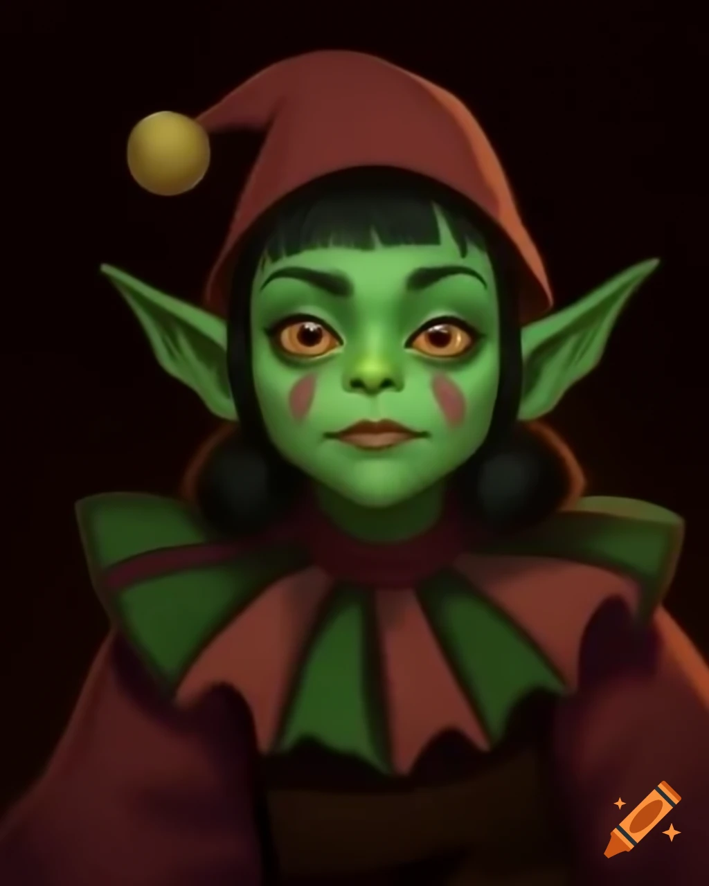 Green-skinned goblin girl in jester outfit, anime style on Craiyon