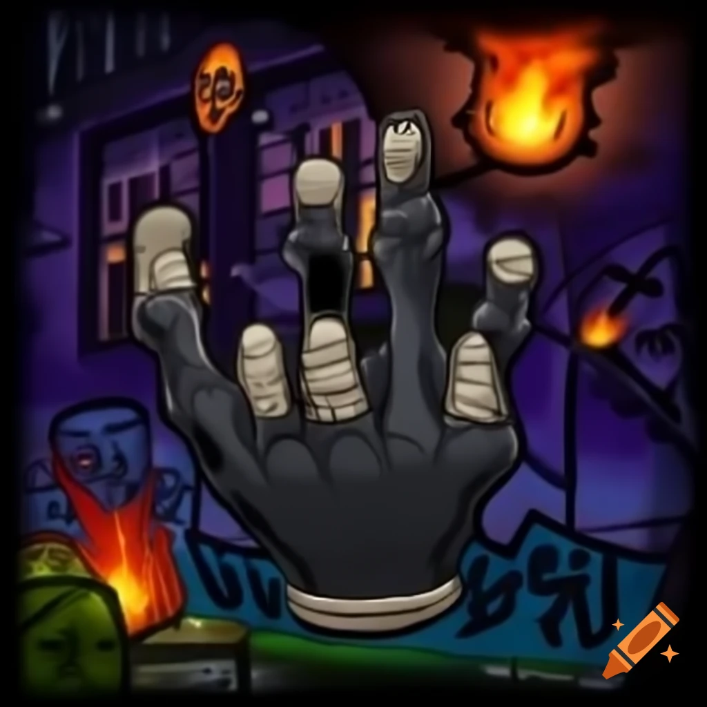 Cartoon-style black phantom throwing fingers amidst graffiti and dark city with burning windows ...