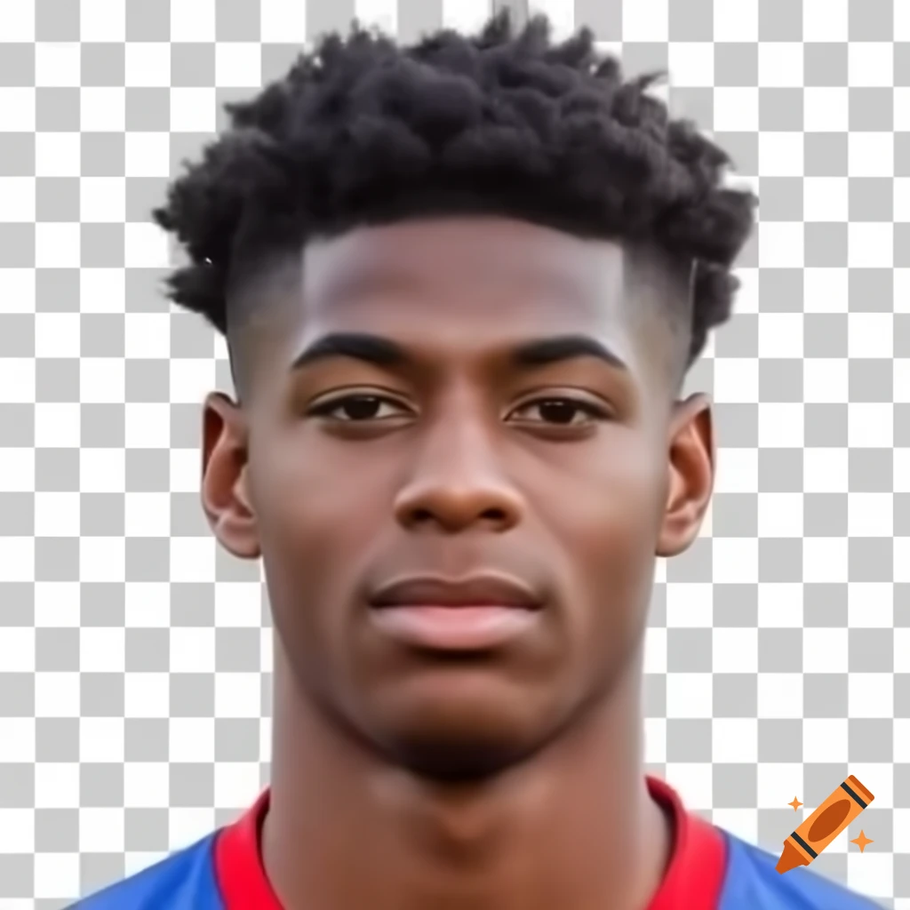 Realistic portrait of young male footballer in red and blue jersey on ...