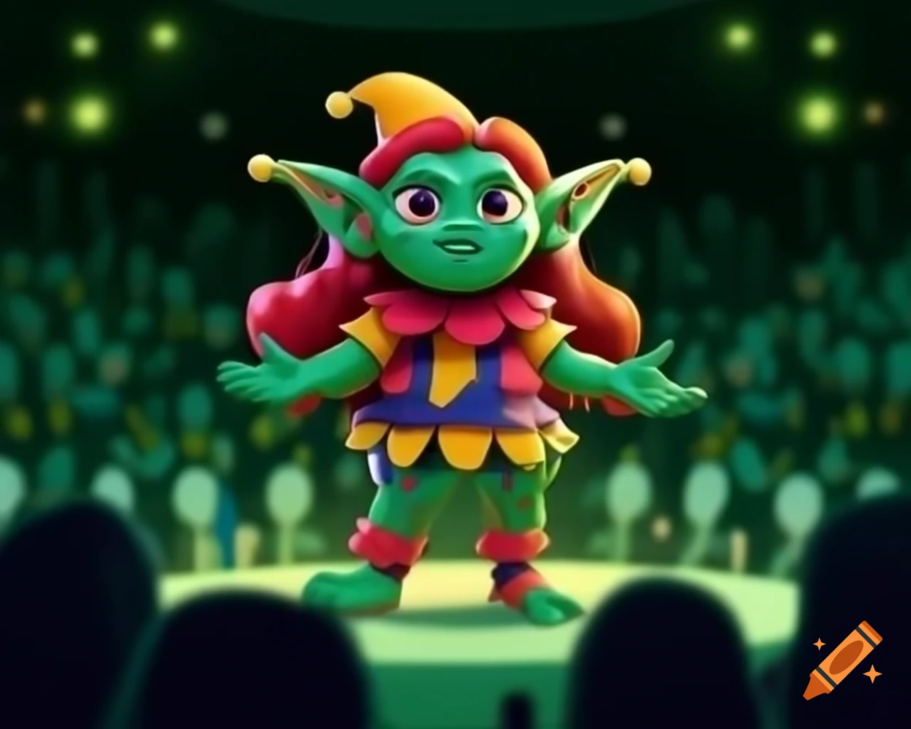 Green-skinned goblin girl in jester outfit dancing for an audience on Craiyon