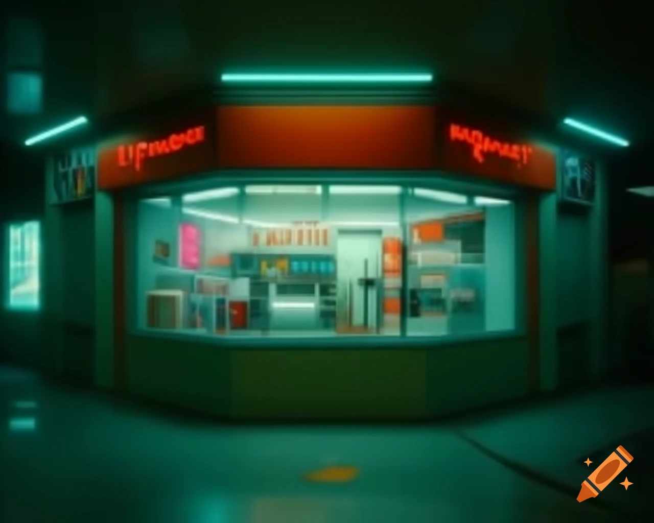 Cyberpunk convenience store window with colorful interior on Craiyon