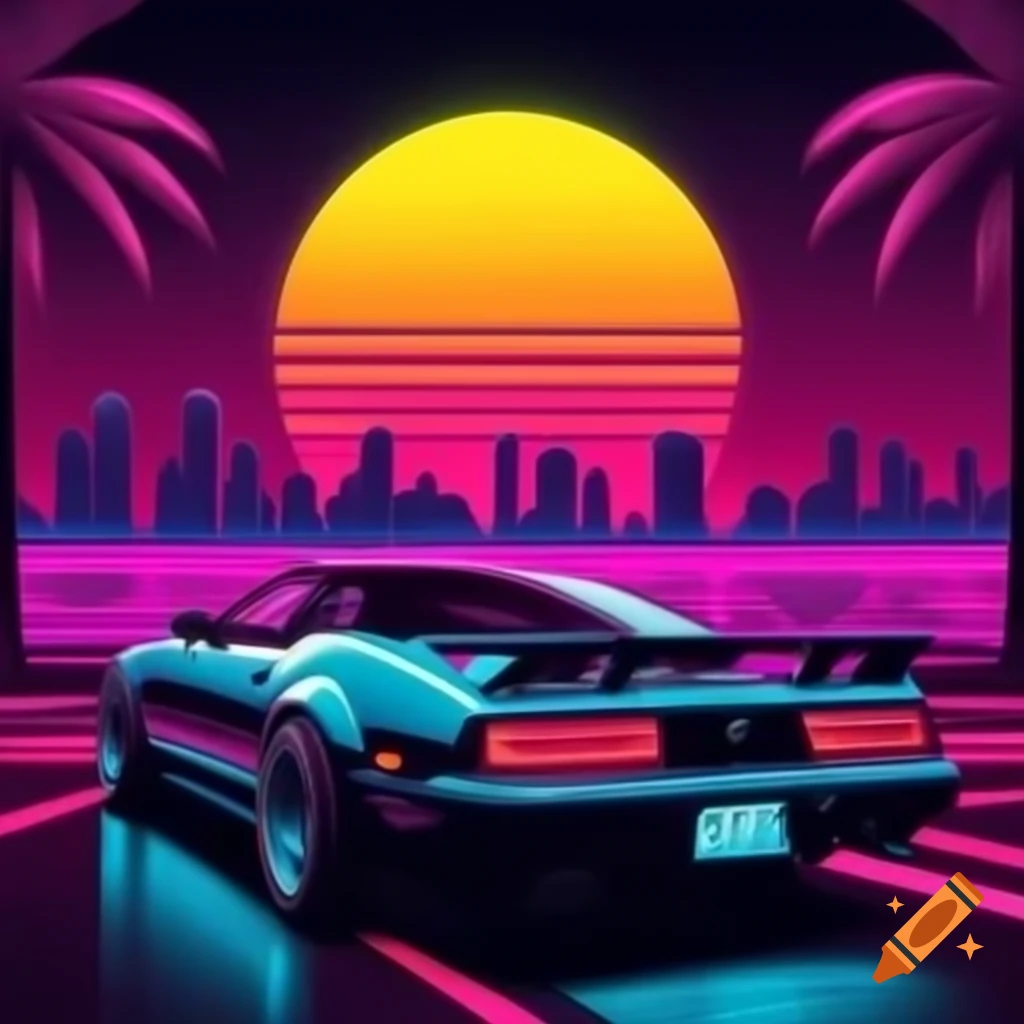 Retro-style artwork of 1980s Miami with neon lights, palm trees, and a ...