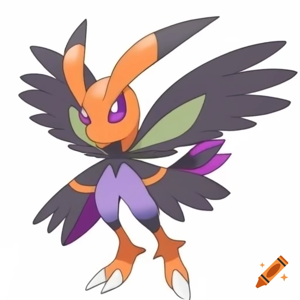 Fictional orange, black, and purple Pokemon-style creature with wings ...