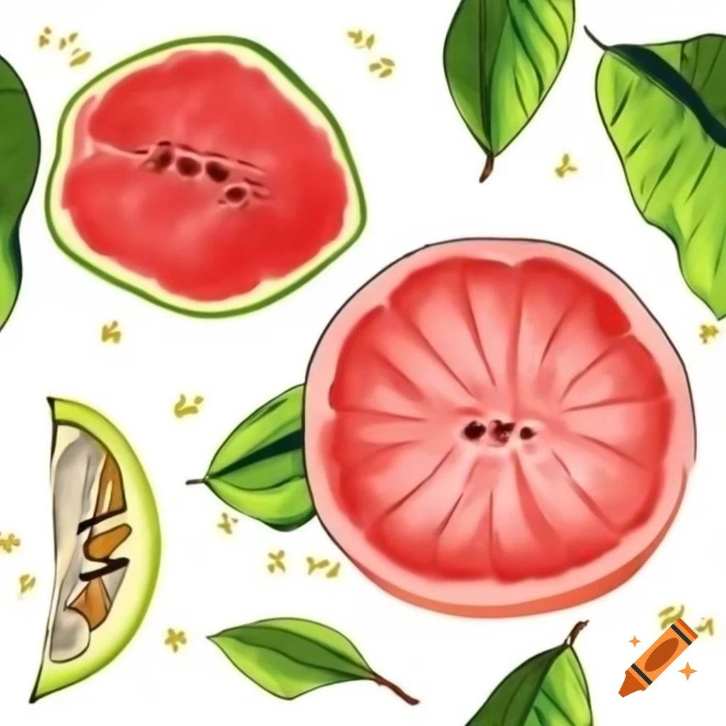 Hand drawn sketch of cut open red guava fruit surrounded by tropical ...