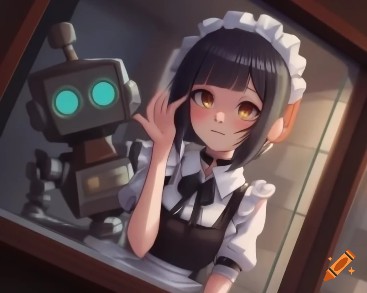 Steampunk robot girl maid in glass case with an embarrassed expression ...