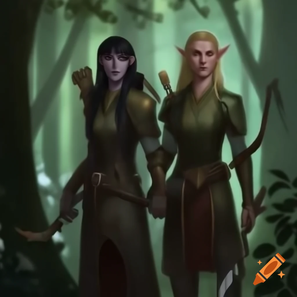Elf rangers in mystical forest, female elf with black hair and elven ...