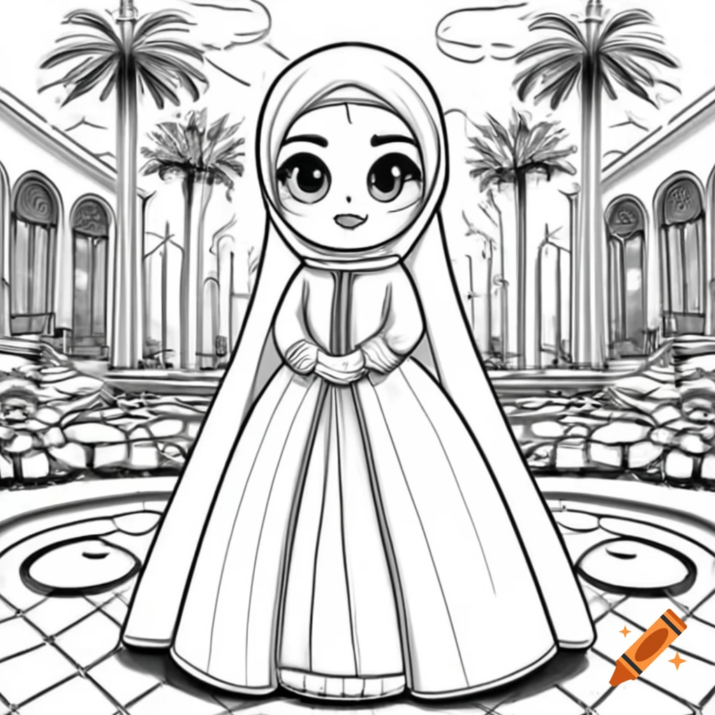 Coloring page of hijabi Arab princess in palace garden with flowers and ...