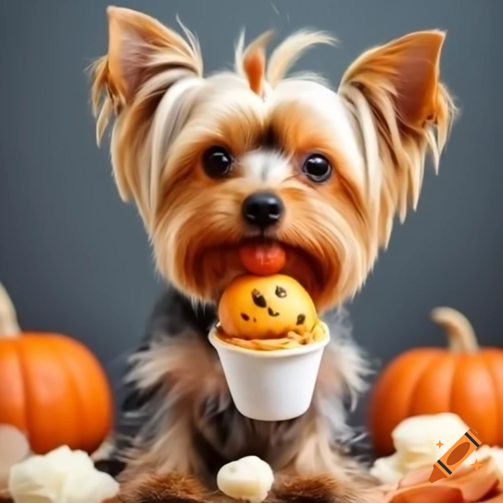 Cute teacup Yorkie licking pumpkin ice cream with bacon on Craiyon