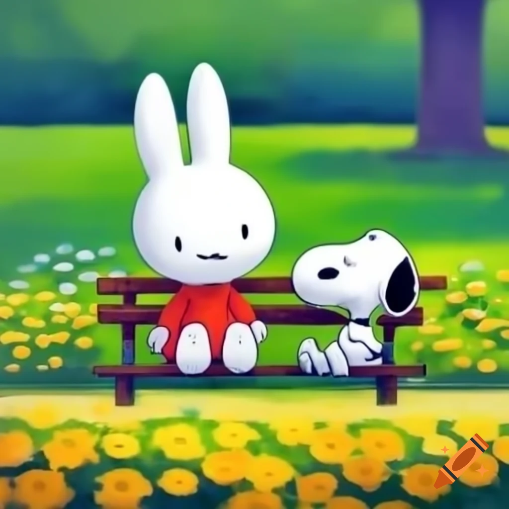 Miffy and Snoopy sitting on a bench in a flower-filled park on Craiyon