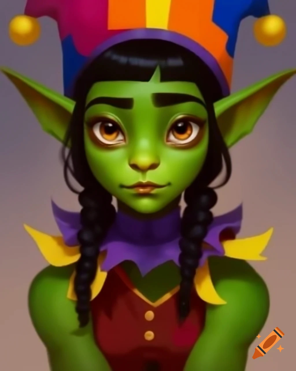 Green-skinned goblin girl in colorful jester outfit on Craiyon