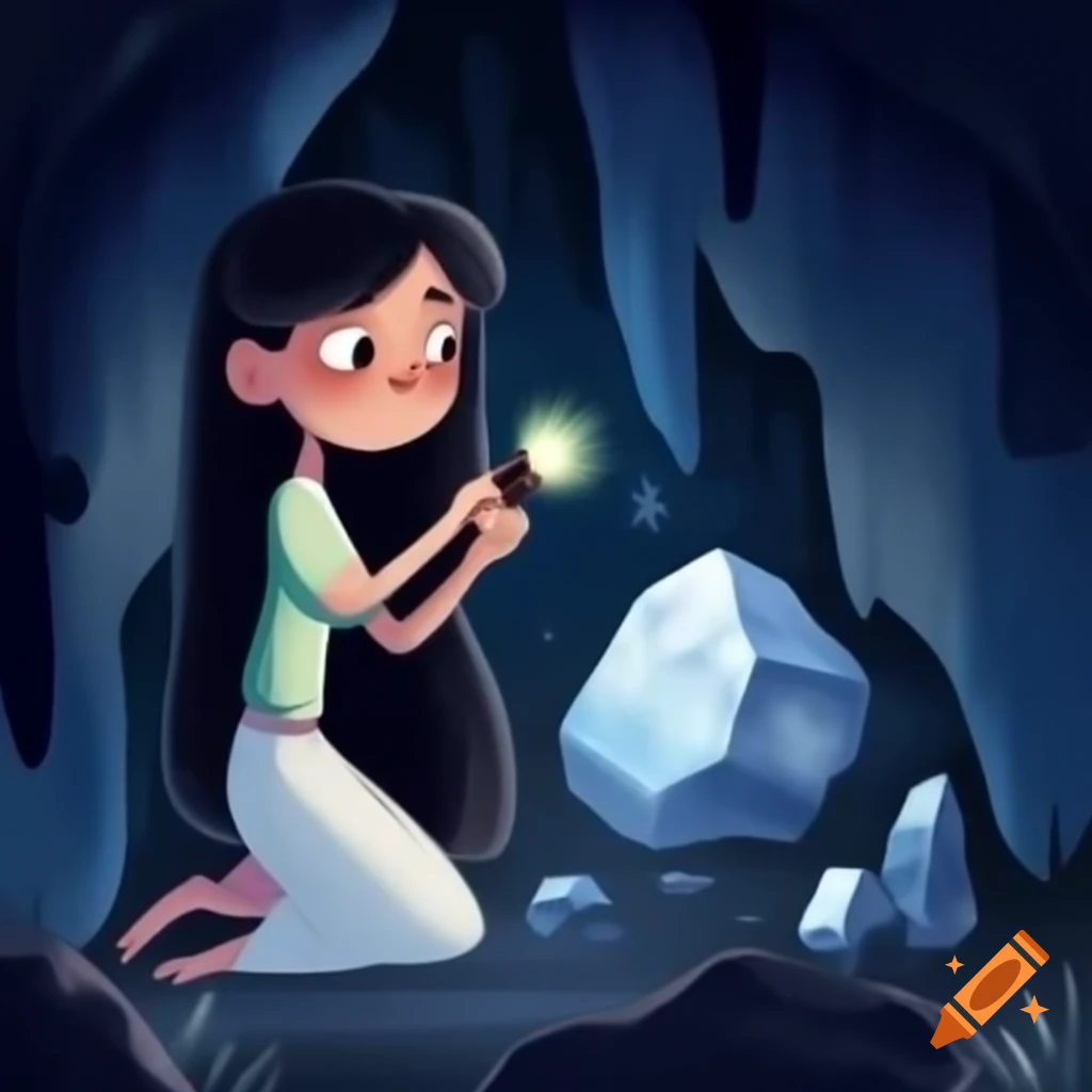 Young woman exploring cave with flashlight and discovering silver ore ...