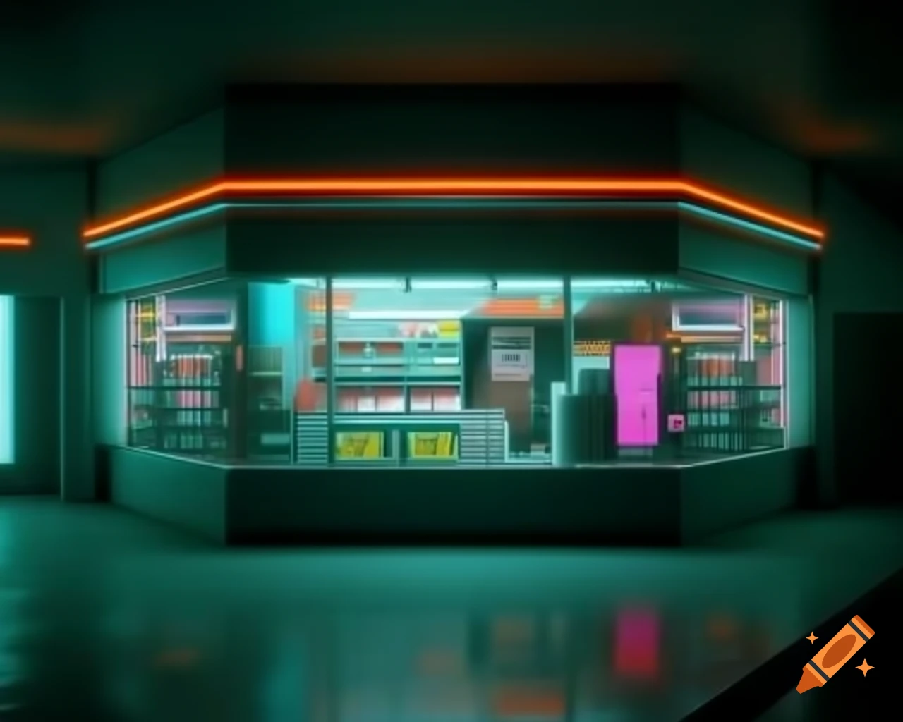 Cyberpunk convenience store window with colorful interior on Craiyon