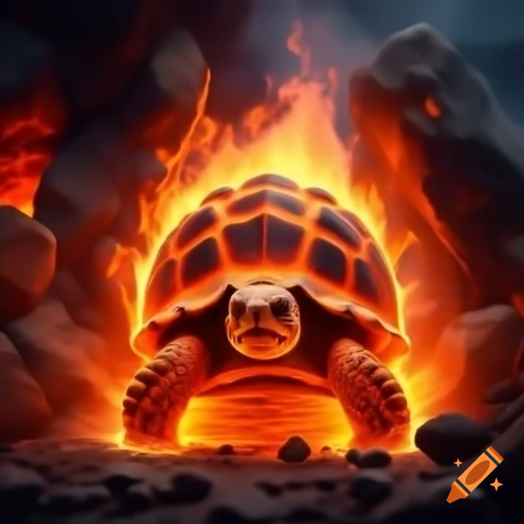 Massive molten rocky tortoise breathing fire and lava on Craiyon